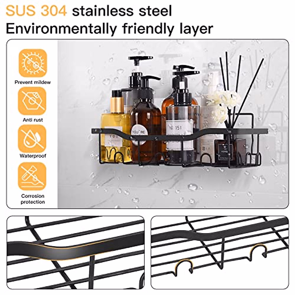 Harnidipa 4-Pack Shower Caddy, Shower Organizer Shelf, Adhesive Bathroom Organizer, Inside Shower Rack Holder, Bathroom Decor Organization Storage Accessories, Home Essentials Gadgets (Black)