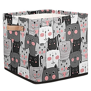 Cat Cube Storage Bins 13 x 13 x 13 inch, Cute Animals Fabric Organizer Bins Basket Boxes with PU Leather Handles Foldable Storage Cube for Clothes Bedroom Closet Shelves