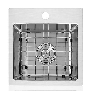 YSSOA Top-Mount Workstation Kitchen Sink, 20 Gauge Single Bowl Stainless Steel with 3 Accessories (Sink + Bottom Grid + Drain), 15-Inch, Silver
