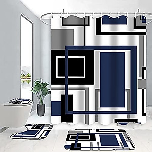 RENKTE 4 Pcs Blue and White Geometric Shower Curtain Sets with Rugs, Abstract Geometric Bathroom Decor Set with Non-Slip Rugs Toilet Lid Cover and Bath Mat, Waterproof Shower Curtains with 12 Hooks