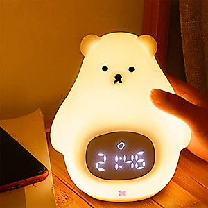 JROSING Bear Night Light, Cute Kids Alarm Clock, Soft BPA-Free Silicone Portable Nursery Lamp, Children USB Rechargeable Nightlight for Girls Boys Toddler Birthday Gifts Bedroom Room Decor