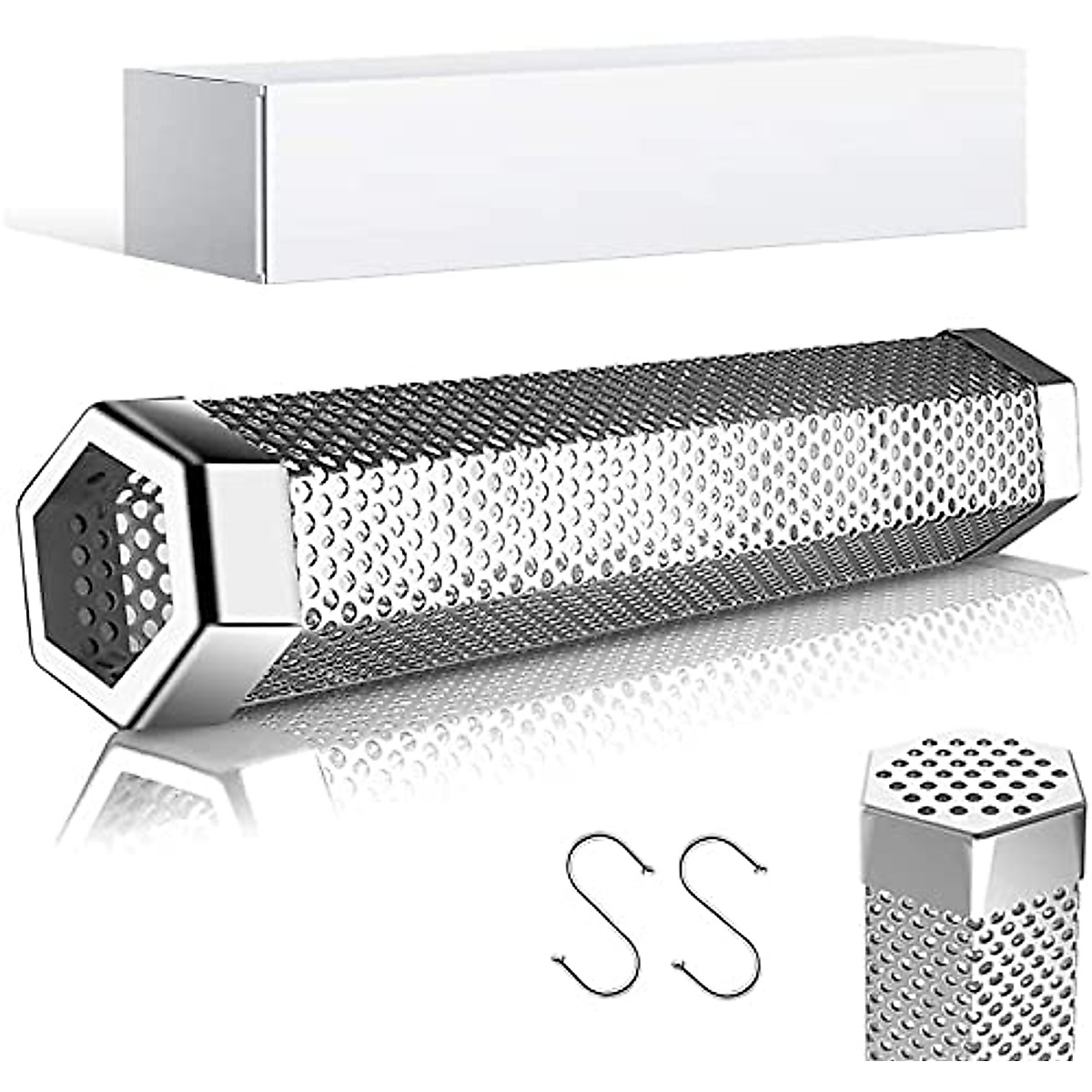 Pellet Smoker Tube, 12'' Stainless Steel Wood Pellet Smoke Tube for Cold/Hot Smoking, Portable Barbecue BBQ Smoke Generator Works with Electric Gas Charcoal Grill Smokers (Hexagon Tube+2Hooks)