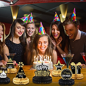 8 Pieces Happy Birthday Party Decorations Supplies Birthday Honeycomb Centerpieces Birthday Table Toppers for Birthday Party Favor Photo Booth Props, Black and Gold