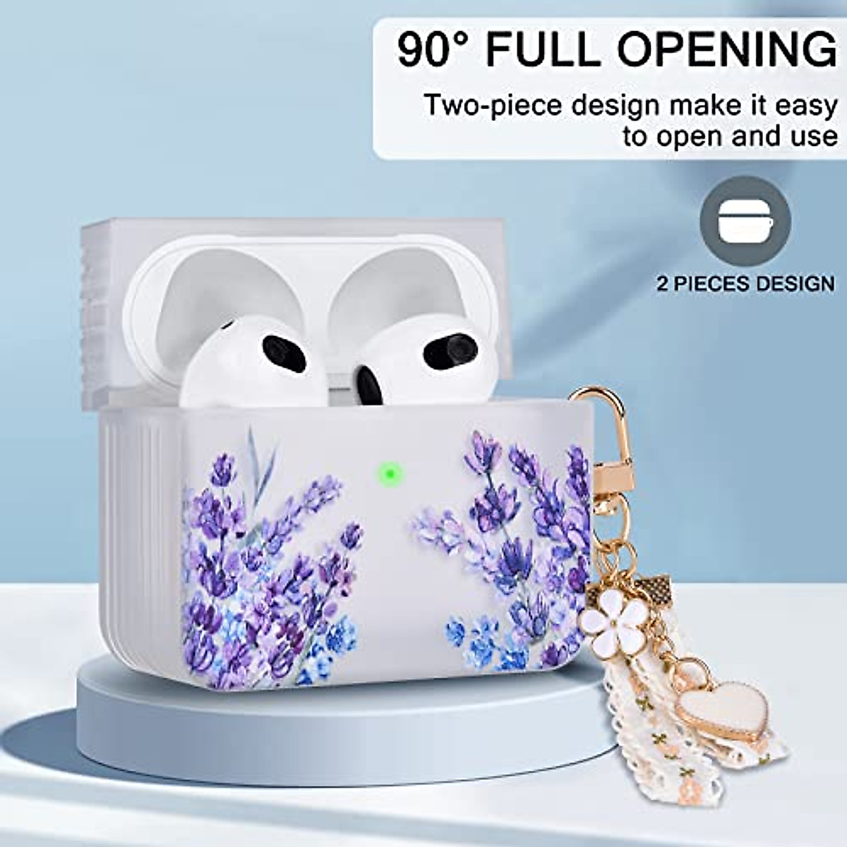 Purple Lavender Case for Airpods 3rd Generation (2021) Cover Clear for Women Girls with Flower Floral Pattern & Cute Love Heart Keychain Skin Soft Silicone Shockproof Protective Cover