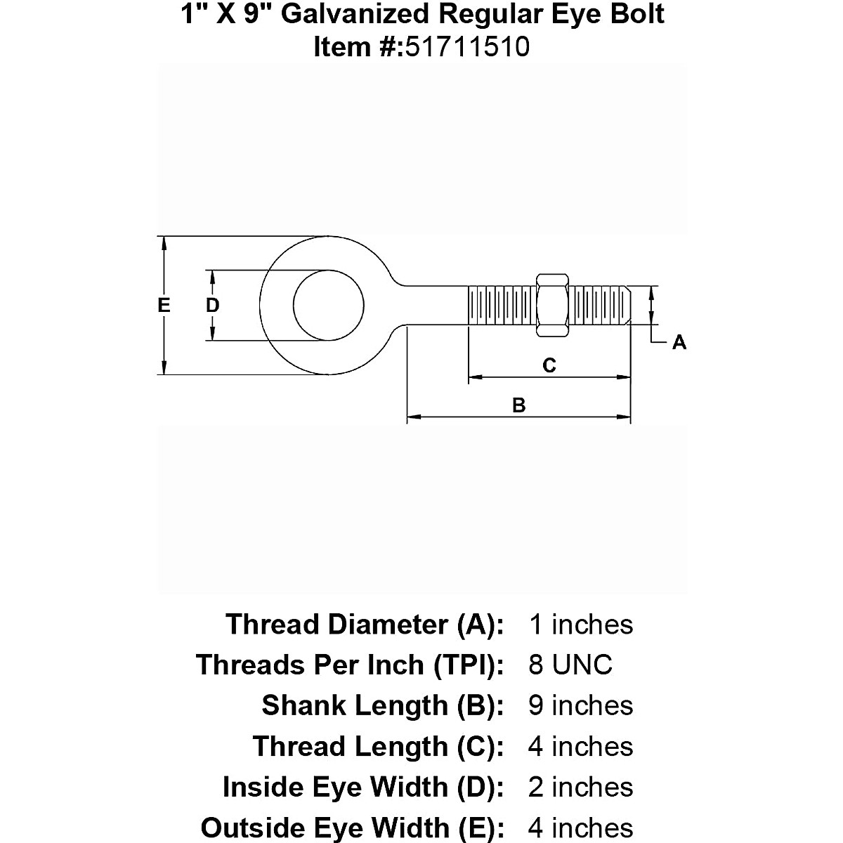 1" X 9" Galvanized Regular Eyebolt