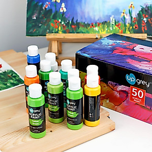 UPGREY 50 Colors Acrylic Paint Set, Non Toxic Art Paints (2fl Oz/60ml Each) With 5 Craft Paint Brushes, Metallic Acrylic Paints Kids Adults for Canvas Crafts Stone Wood Ceramic And Model Painting