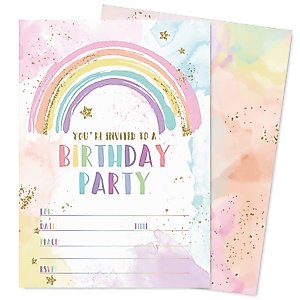 AnyDesign Rainbow Birthday Party Invitations with Envelopes Stickers Watercolor Birthday Paper Invitation Cards for Kids Party Celebration Supplies, Set of 20
