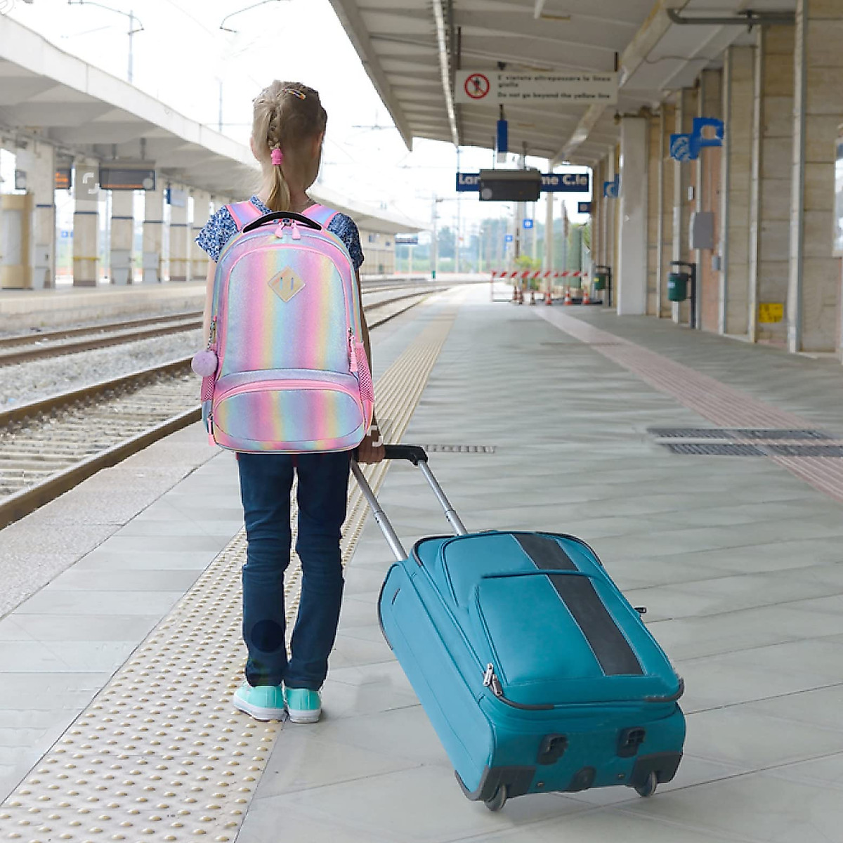 Girls Backpack Rainbow Glitter Kids School Bookbag 3 in 1 Set School Bag with Lunch Bag Pencil Case