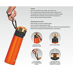 Milton Thermosteel Atlantis 600 Vacuum Insulated Thermosteel Water Bottle/flask 500 ml | 17 oz |Flip Top Lid Carry Handle Hot & Cold 18/8 Stainless Steel BPA Free Food Grade Leak-Proof | Orange