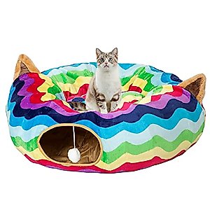 LUCKITTY Large Cat Tunnel Bed with Plush Cover,Fluffy Toy Balls, Small Cushion and Flexible Design- 10 inch Diameter, 3 ft Length- Great for Cats, and Small Dogs, Rainbow Wave Color