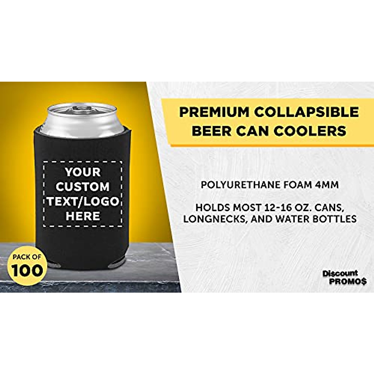 Can Coolers - 100 pack - Customizable Text, Logo - 4mm Collapsible Beer Holders To Keep Your Beer Cold - Insulated Cans Holder - Black