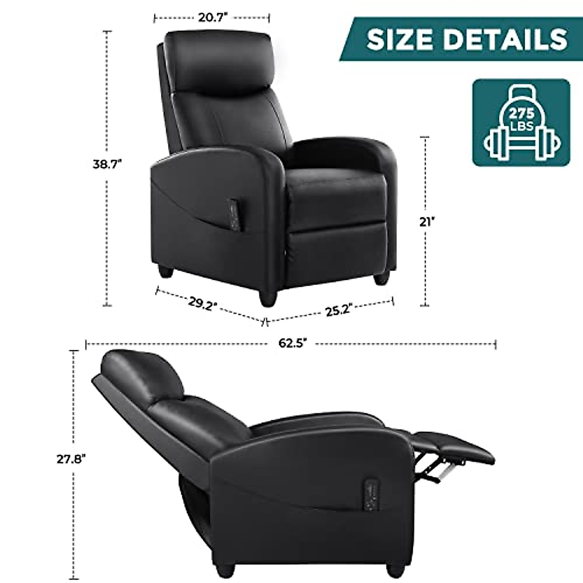 SMUG Recliner Chair for Adults, Massage PU Leather Recliner Sofa for Living Room, Adjustable Home Theater Seating with Padded Seat Backrest, Small Reclining Chair for Small Space (Light Black)