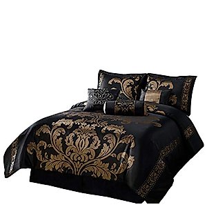 Chezmoi Collection 7-Piece Jacquard Floral Comforter Set/Bed-in-a-Bag Set, King, Black Gold