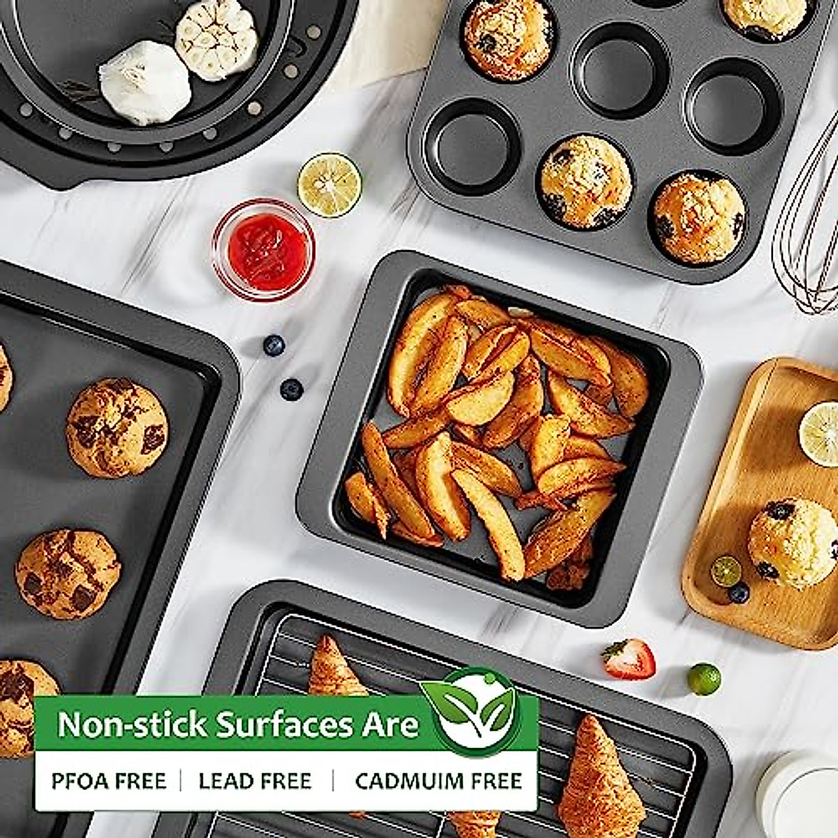 HONGBAKE Bakeware Sets, Baking Pans Set, Nonstick Oven Pan for Kitchen with Wider Grips, 10-Pieces Including Rack, Cookie Sheet, Cake Pans, Loaf Pan, Muffin Pan, Pizza Pan - Grey