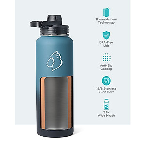 BUZIO 40oz Water Bottle, Stainless Steel Insulated Water Flask with Straw Lids, Canteen Metal Thermo Mug Hydro Cup Jug, Double Vacuum Hot Cold Water Bottles with Carrying Pouch, Indigo Black Gradient