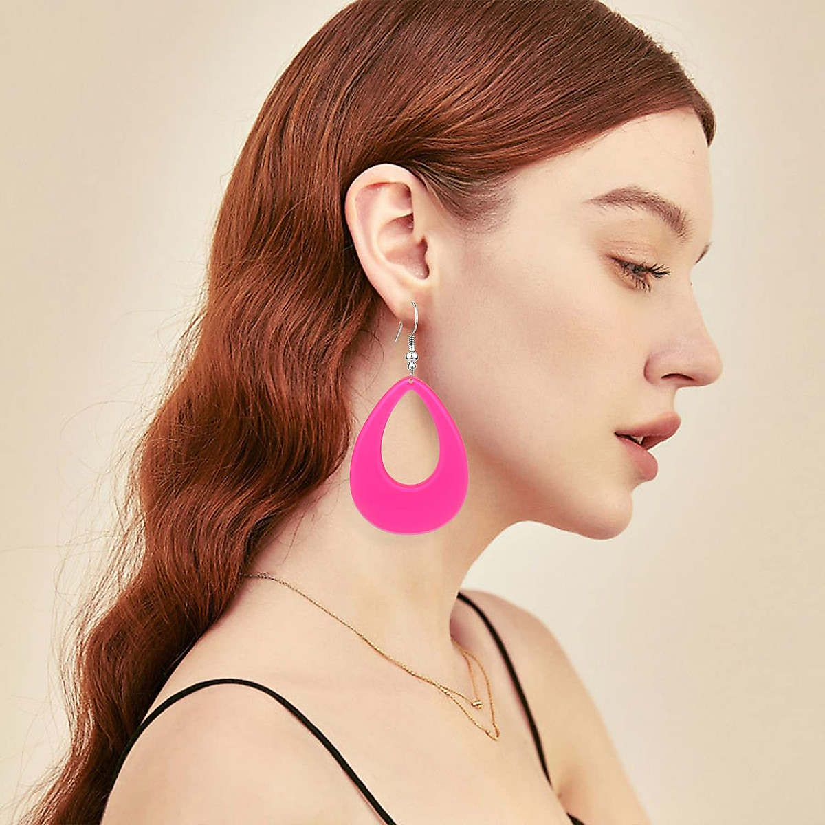 TIANHONGYAN 70s 80s Oval Resin Neon Dangle Earrings Retro Acrylic Drop Dangle for Women 80's Party Halloween Costume Accessory (pink)