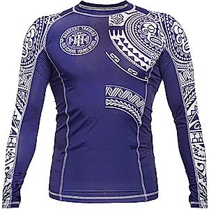 Hardcore Training Ta Moko Men's Rash Guard Compression Long Sleeve MMA No-Gi Tight BJJ Grappling Base Layer Fitness Blue White