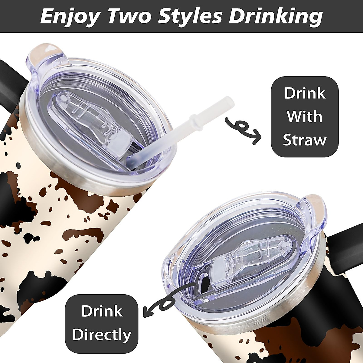 thmasamwr Cow Print Tumbler with Lid and Straw, Stainless Steel 40oz Tumbler with Handle, Cow Print Travel Coffee Mug Water Bottle, Highland Cow Gifts Cups for Women and Girls