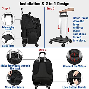 Rolling Backpack, MATEIN Travel Backpack with Wheels, Water Resistant Roller College School Backpack for Girls, 15.6 inch Wheeled Travel Laptop Backpack On Wheels Business Bookbag Gifts for Men, Black