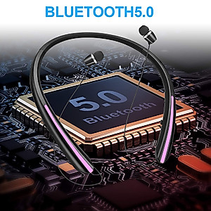 Bluetooth Headphones,Retractable Wireless Earbuds Neckband Headset Sports Noise Cancelling Stereo Earphones with Mic 24 Hrs Playtime Call Vibrate Alert(2020 Upgrade) (Black/Pink)