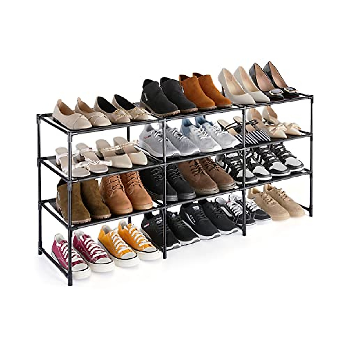 HOUSE AGAIN 4 Tier Long Shoe Rack for Closet, Shoe Shelf 24-Pairs Wide Non-Woven Cloth Max Weight 100LBS, Storage Organize for Floor, Bedroom, Entryways, Garages, Dorm, Apartments, Black