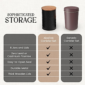 Alasitas 6 Canister Set for the Kitchen Countertop – Galvanized Metal Food Storage Canisters with Airtight Lids for Flour, Tea, Crafts, Coffee, & Sugar – Container Set with Modern Wood Lids, Black