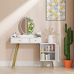 Cozy Castle Vanity Desk with Lighted Mirror, Makeup Vanity Table with Drawers and Adjustable Cabinet, Dressing Table Without Chair for Makeup Room, and Bedroom, White
