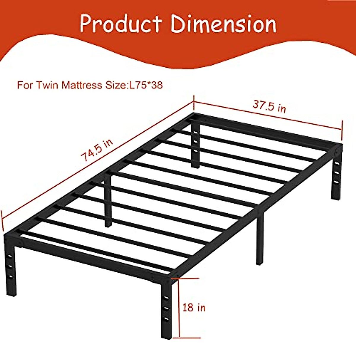Tooyyer 18inch Metal Twin Size Bed Frame Heavy Duty Steel Slat Mattress 2500 lbs Support Easy to Assembly No Box Spring Needed Non-Slip Support