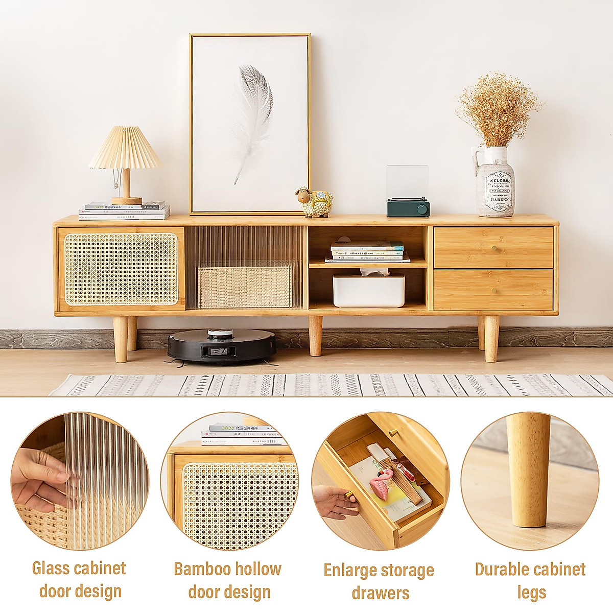 Tiita Rattan TV Stand for 55 60 Inch TV, Bamboo TV Cabinet with 2 Drawers, Boho Entertainment Center with Adjustable Shelf, Mid Century Modern Media Console for Bedroom, Living Room, Study