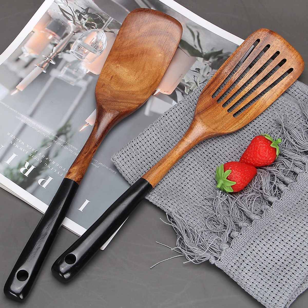 2 Pcs Best Wooden Spatula Set for Cooking Kitchen Slotted Turner Spatula Flat Wood Wok Spatula Non Stick Cooking Utensils for Frying Mixing Teak Fish Spatula Turner Black Egg Flipper Spatulas