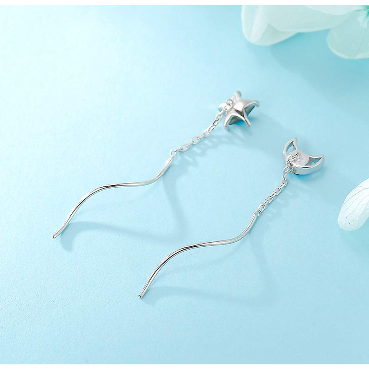 SLUYNZ 925 Sterling Silver Blue Crystal Star Moon Dangle Earrings Chain for Women Star Dangling Earrings Threader Tassel (A-Silver)