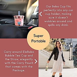 EleBoba Reusable Boba Cup with Lid and Straws - Leak Proof Tumbler for Bubble Tea and Smoothies - 24oz/700ml - Carry Pouch, Stickers, 2x Straws, Cleaning Brush, Cute Boba Cup, Kawaii Boba Cup