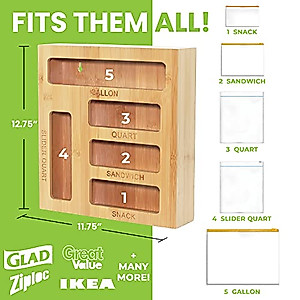 Ziplock Bag Storage Organizer w/ 5 Compartments – Water Resistant Bamboo Ziplock Bag Organizer for Drawer – Gallon, Snack, Quart, Sandwich, Slider Quart Snack Organizer - Kitchen Accessories Organizer