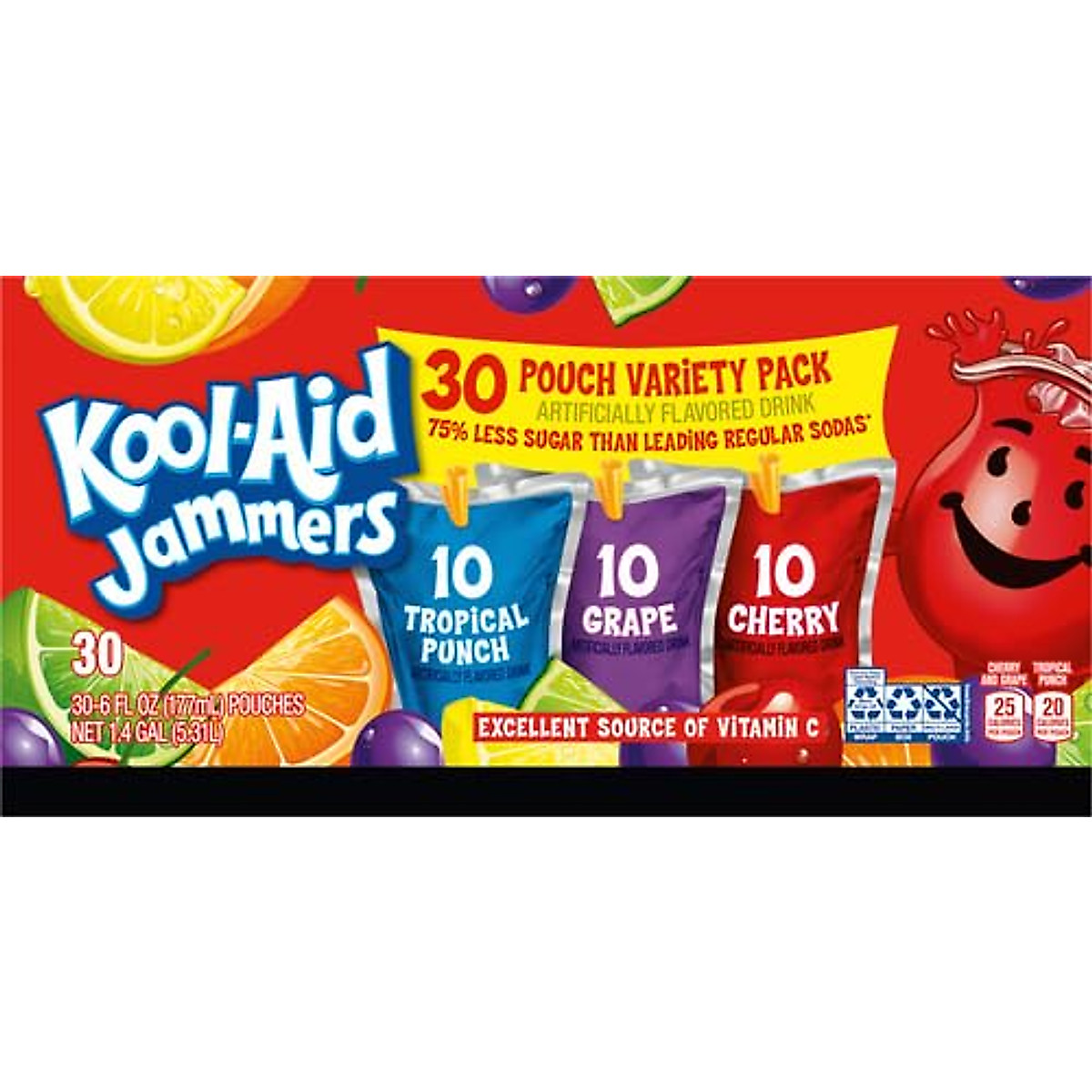 Kool-Aid Jammers Tropical Punch (Grape & Cherry Artificially Flavored Kids Soft Drink Variety Pack, 30 ct Box, 6 fl oz Pouches)