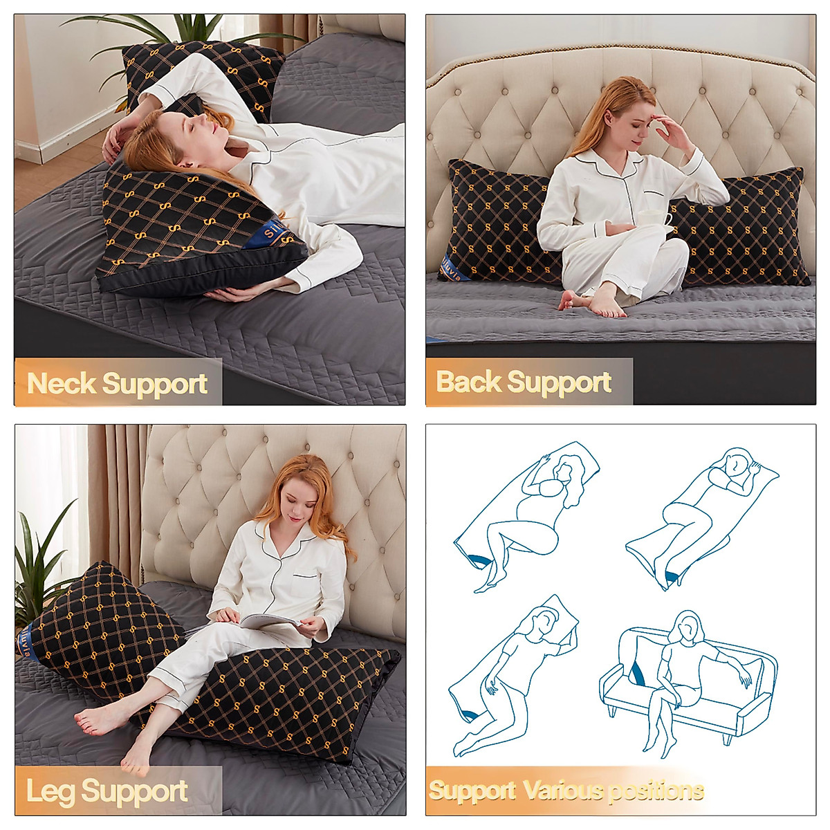 Siluvia Body Pillow for Adults-Premium Adjustable Loft Quilted Body Pillows - Hypoallergenic Fluffy Pillow - Quality Plush Pillow - Down Alternative Pillow (Gray-LightGray, 21”x54“)