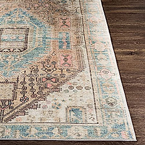 Mark&Day Washable Rugs, 9x12 Oak Lawn Traditional Tan Area Rug, Blue Beige Brown Carpet for Living Room, Bedroom or Kitchen (8'10" x 12', Machine Washable)