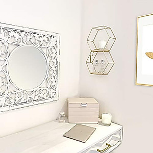 Gold Metal Wire Geometric Hexagon Floating Shelf | Two Brass Colored Vertical Honeycomb Shaped Hanging Wall Shelves | Mid Century Style Vanity Shelf | 16 x 9.25 x 3.75 Inches