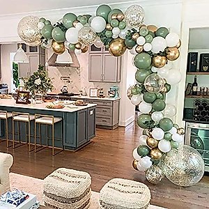 GIHOO 137PCS Sage Green Balloon Garland Arch Kit White Gold Confetti Balloons Retro Green Balloon and Gold Metallic Chrome Latex Balloons Set for Wedding Birthday Balloons Baby Shower Decorations