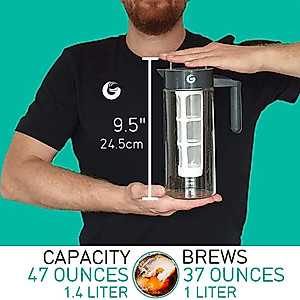 Coffee Gator Cold Brew Coffee Maker - 47 oz Iced Tea and Iced Coffee Maker and Pitcher w/Glass Carafe, Filter, Funnel & Measuring Scoop - Black