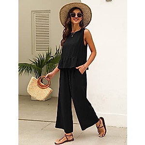 AUTOMET Two Piece Outfits for Women Cruise Resort Wear 2023 Summer Vacation Sleeveless Linen Crop Tank Top Casual Matching Lounge Sets Tracksuits Long Pants Dressy Jumpsuits