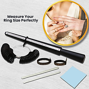 SEYHR Ring Sizer Measuring Tool Set with Ring Mandrel US Size 1-13 EU 41-76 Black Ring Sizing Kit & Transparent Ring Sizer Adjuster for Loose Rings with Microfiber Polishing Cloth