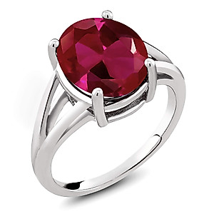 Gem Stone King 925 Sterling Silver Red Created Ruby Ring For Women (5.00 Cttw, Gemstone July Birthstone, Oval 12X10MM, Available In Size 5,6,7,8,9)