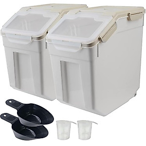 50 lb Airtight Flour Storage Container, 2 Pack Large Rice Storage Container Bin with Wheels, Flip Top Lip, Measuring Cup, Scoop, Plastic Rice Dispenser, for Grain Sugar Beans Cereal Dog Food (Gray)