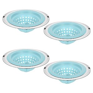uxcell Silicone Sink Strainer, 4Pcs Kitchen Sink Drain Strainer Stopper with Detachable Stainless Steel Edge 4.4" Diameter Rim, Blue