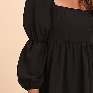 EXLURA Womens Square Neck Dress Long Puff Sleeve A-Line Casual Short Mini Dress Black