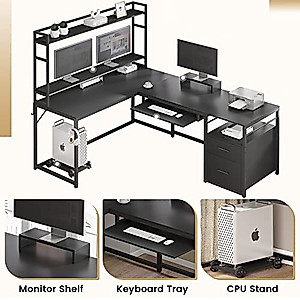 SEDETA L Shaped Desk with Hutch, Home Office Desk with File Drawers, 94.4 Inches Two Person Desk, Corner Computer Desk with Keyboard Tray, Monitor Stand, Storage Shelves, Gaming Desk, Black