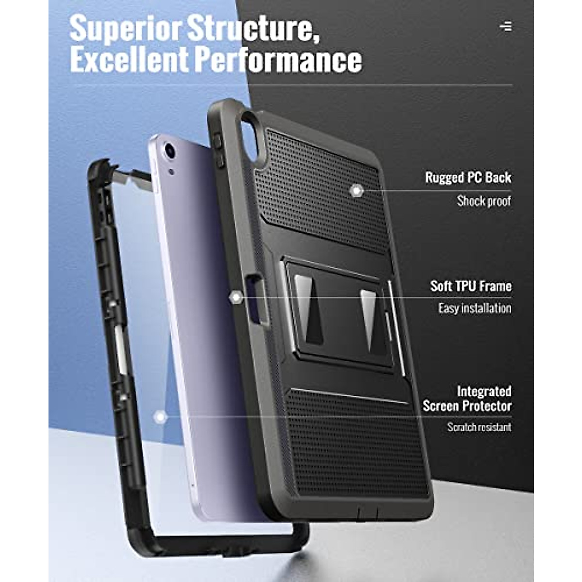 MoKo Case for iPad Air 5th Generation 2022/ iPad Air 4th Generation 2020 10.9 Inch with Pencil Holder, Kickstand, Built-in Screen Protector, Heavy Duty Shockproof Rugged Case for iPad Air 5/4,Black