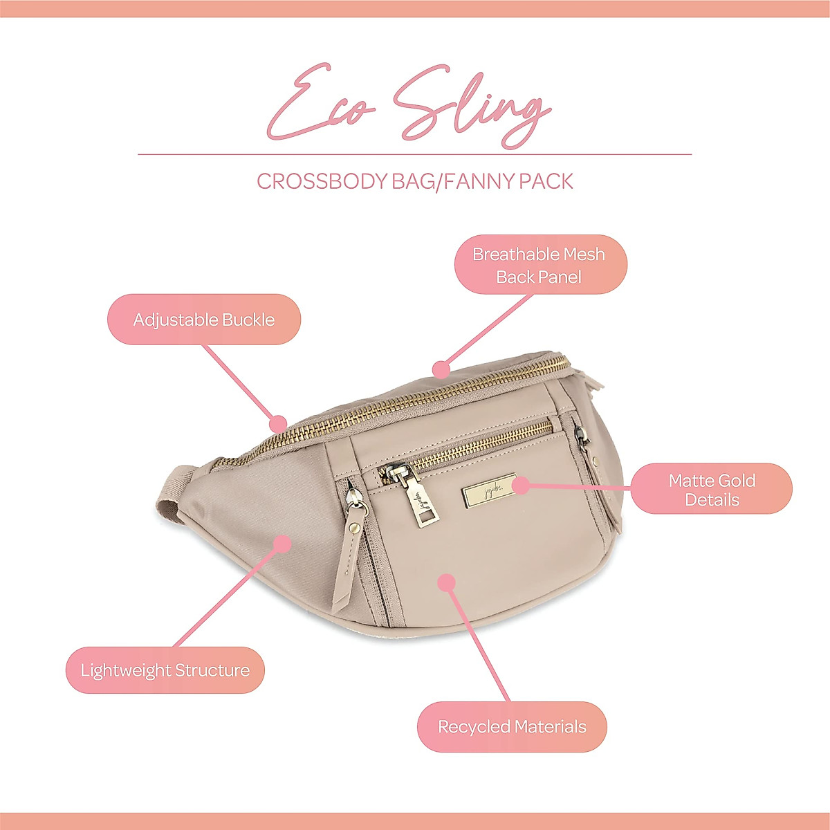 JuJuBe Eco Sling Bag, Fashion Cross Body Bag Fanny Pack for Moms, Waterproof Travel Waist Pack or Crossbody Belt Bag with Adjustable Straps, Includes 5 Zipper Pockets and Credit Card Slots, Truffle