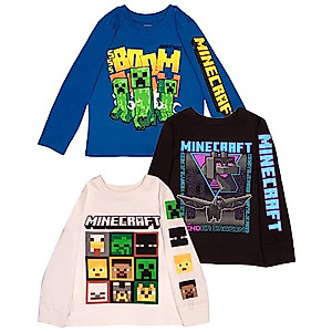 Minecraft Characters Boys Long Sleeve T-Shirt, 3-Pack Bundle Set for Kids and Toddlers (Size 7, Black/White/Royal)