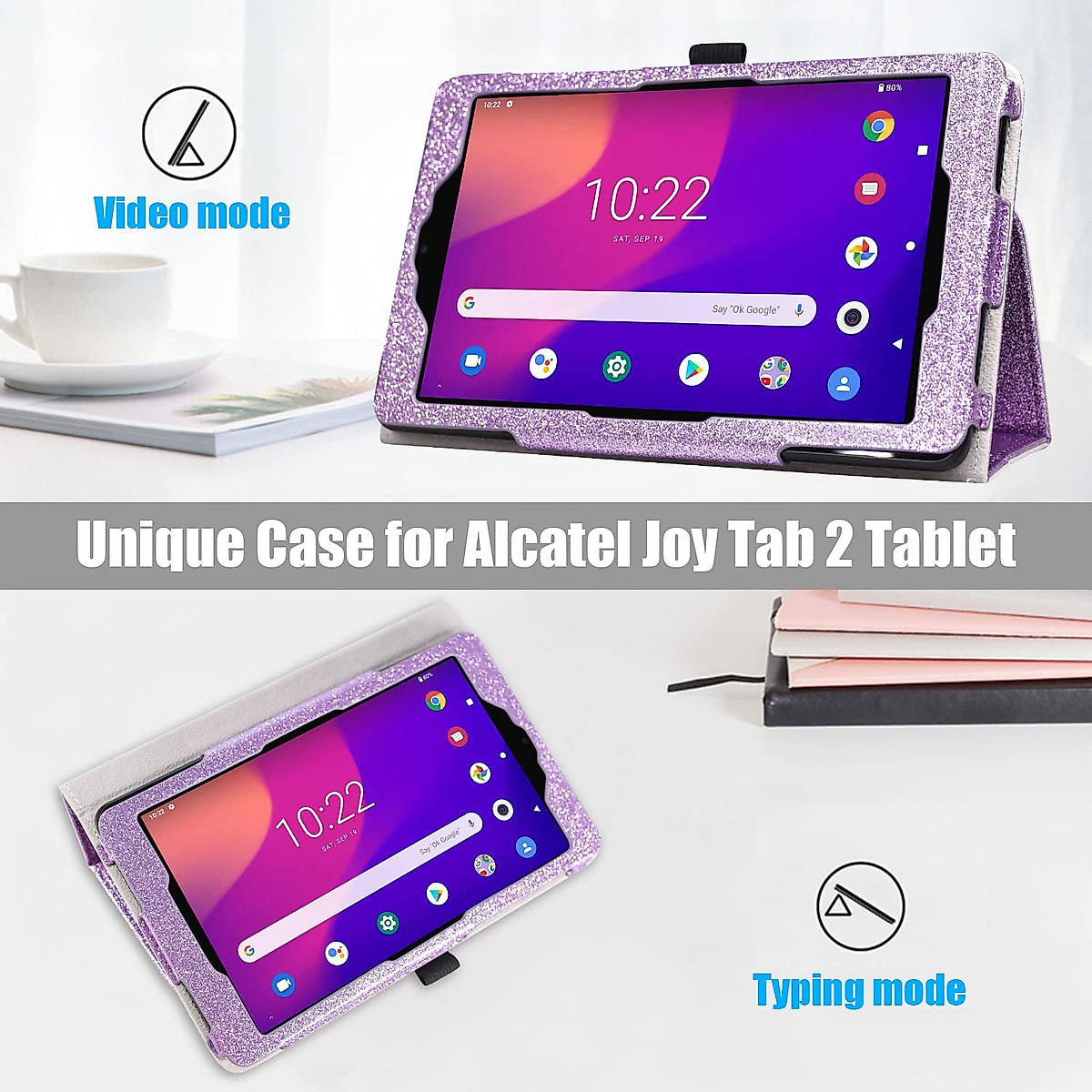 DMLuna Case for Metro by T-Mobile Alcatel Joy Tab 2, 8 Inch Tablet 2020 Release, PU Leather Shockproof Folio Cover Protector Accessory with Handle Hand Strap, Stand, Card Slot, Glitter Purple